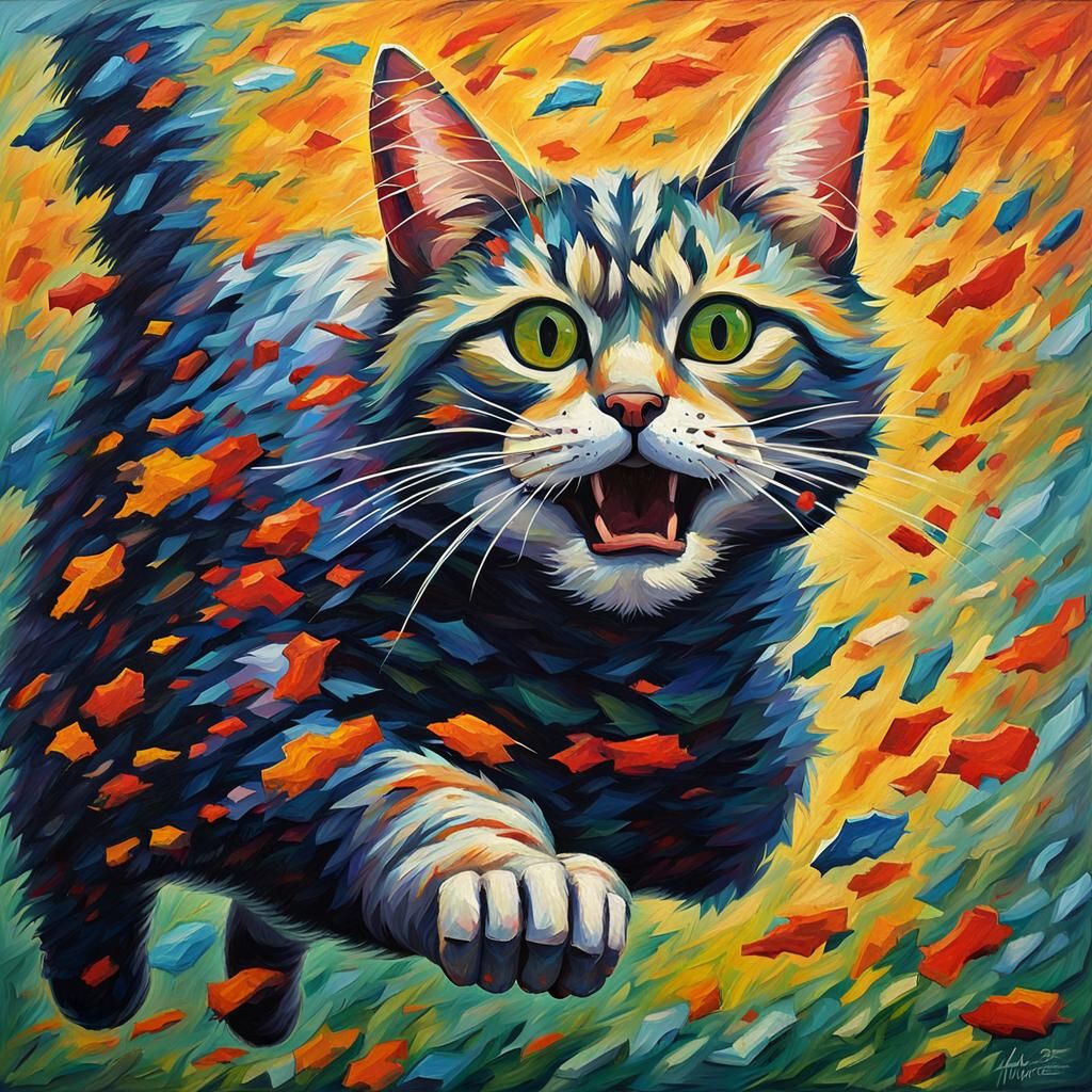 samurai warrior cat springing through the air neo-impressionism ...