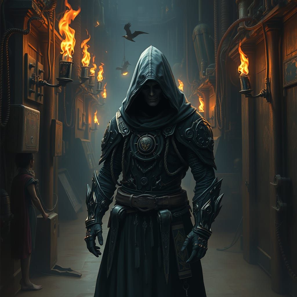 Dark Mage - Hooded Figure in Zaun Alley, Gothic Industrial A...