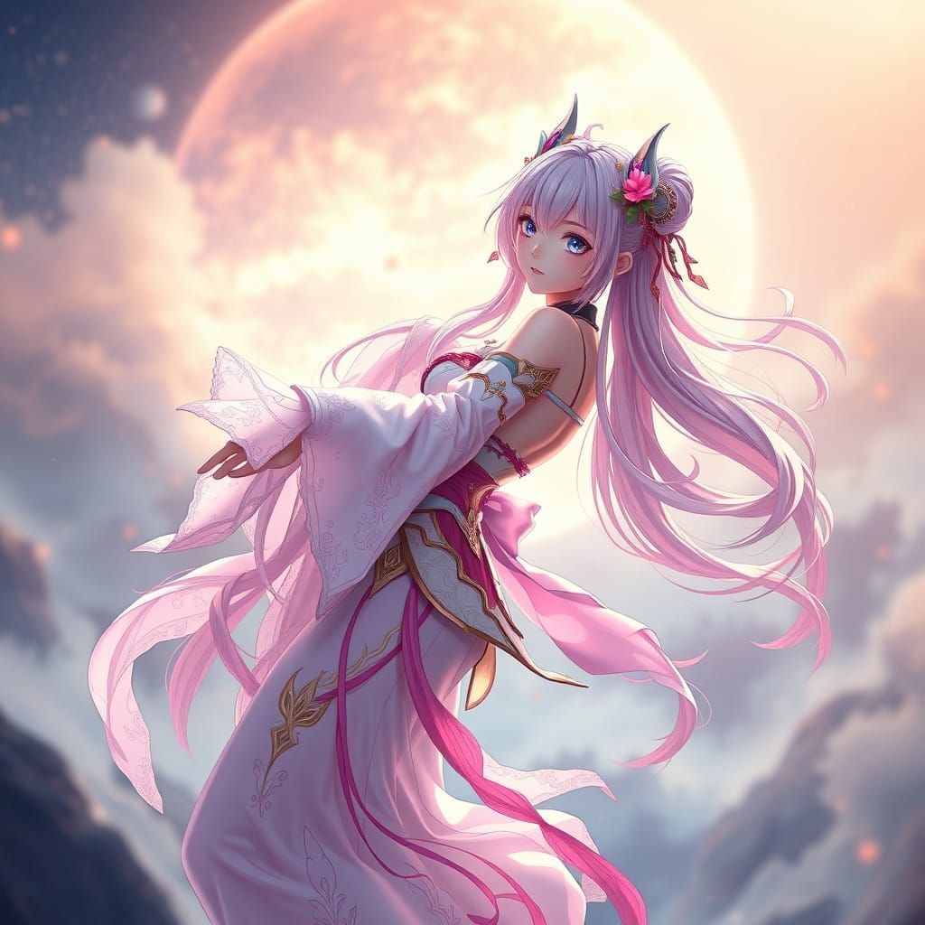 Anime-style girl posing at an angle, wearing intricate, flowing attire ...