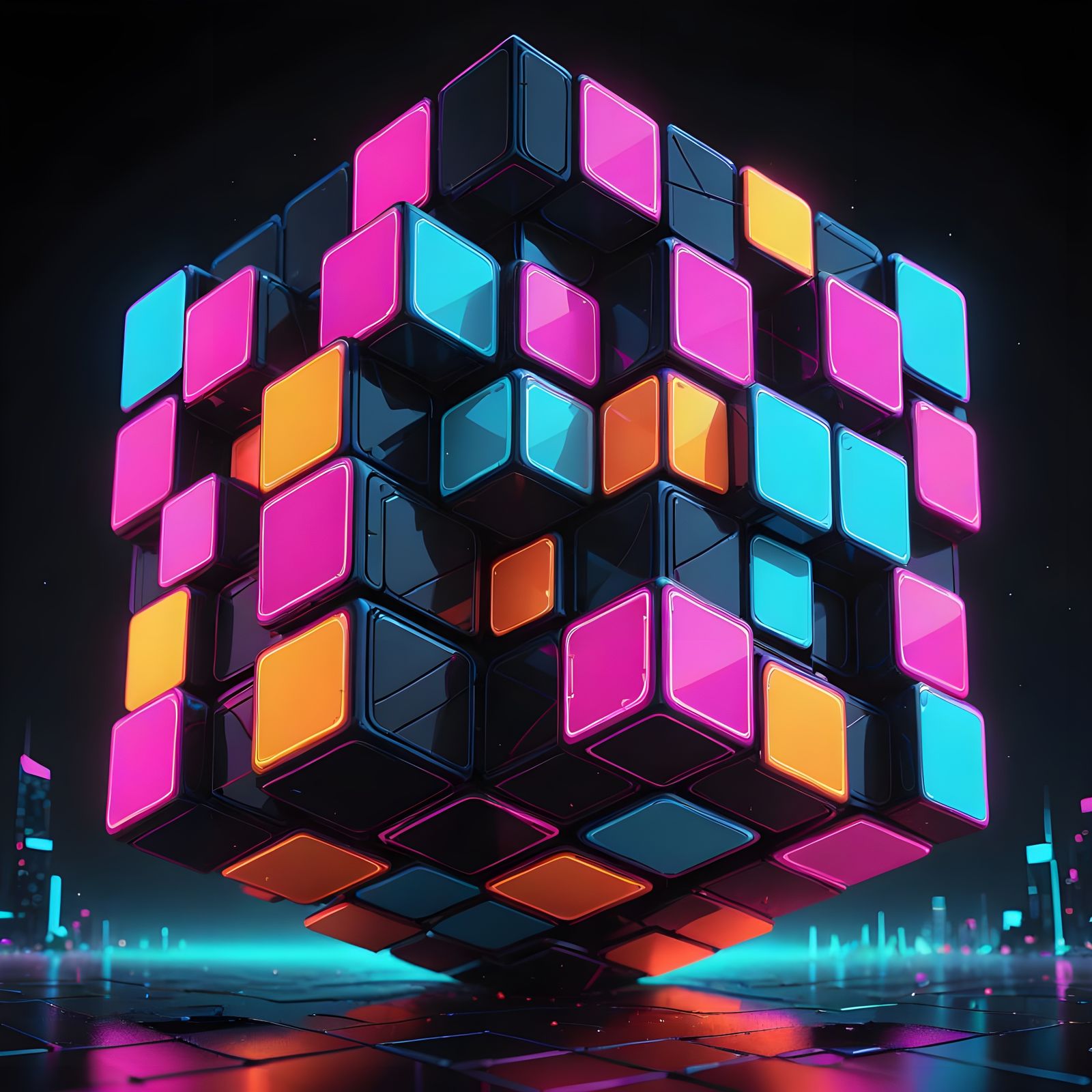 An image of a classic Rubik's Cube in bold, neon colors with a ...