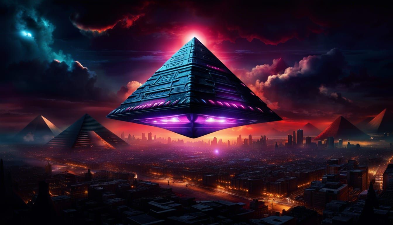 Pyramid UFO over the epic, dark fantasy City of Night and Dread. Hyper ...