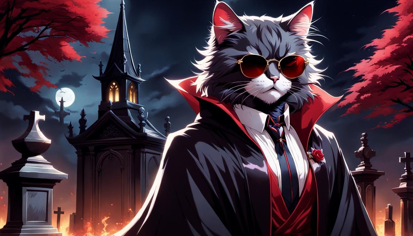 Fluffy cat wearing a pair of red shades sunglasses in a menacing robe ...