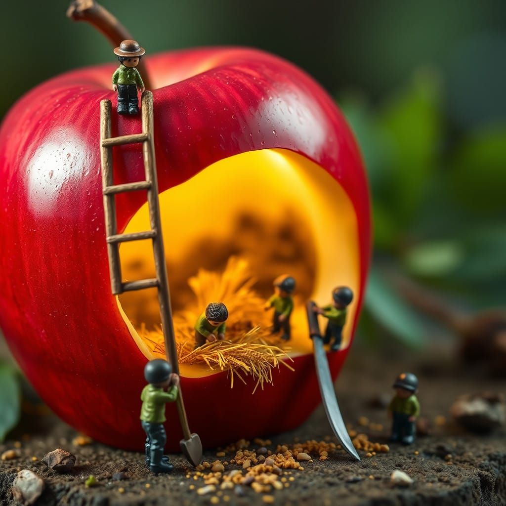 Surrealism in a Miniature World Inside a Red Apple - AI Art