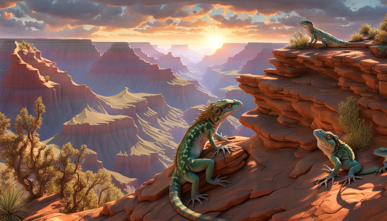 Lizards admiring view of Utah Grand Canyon at sunrise - AI Generated ...