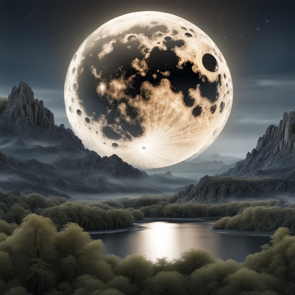 Photo realistic full moon over a landscape scene. Epic cinematic ...