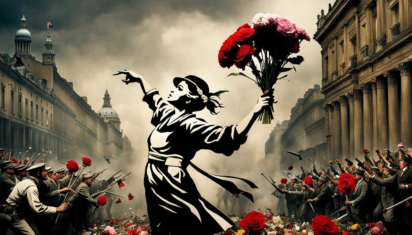 Homage to Banksy's artwork "Rage, Flower Thrower" (2003) : a protester ...