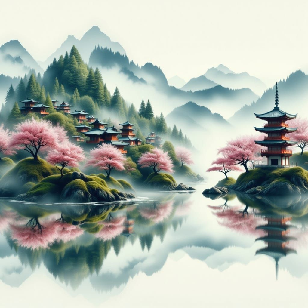 landscape - Ethereal Japanese Village in Dreamy Double Expos...