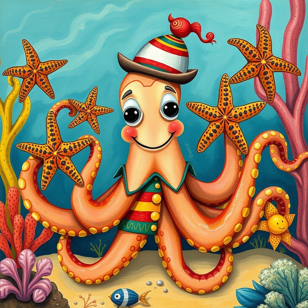 Under the Sea - Whimsical Underwater Scene of Octopus Juggl...