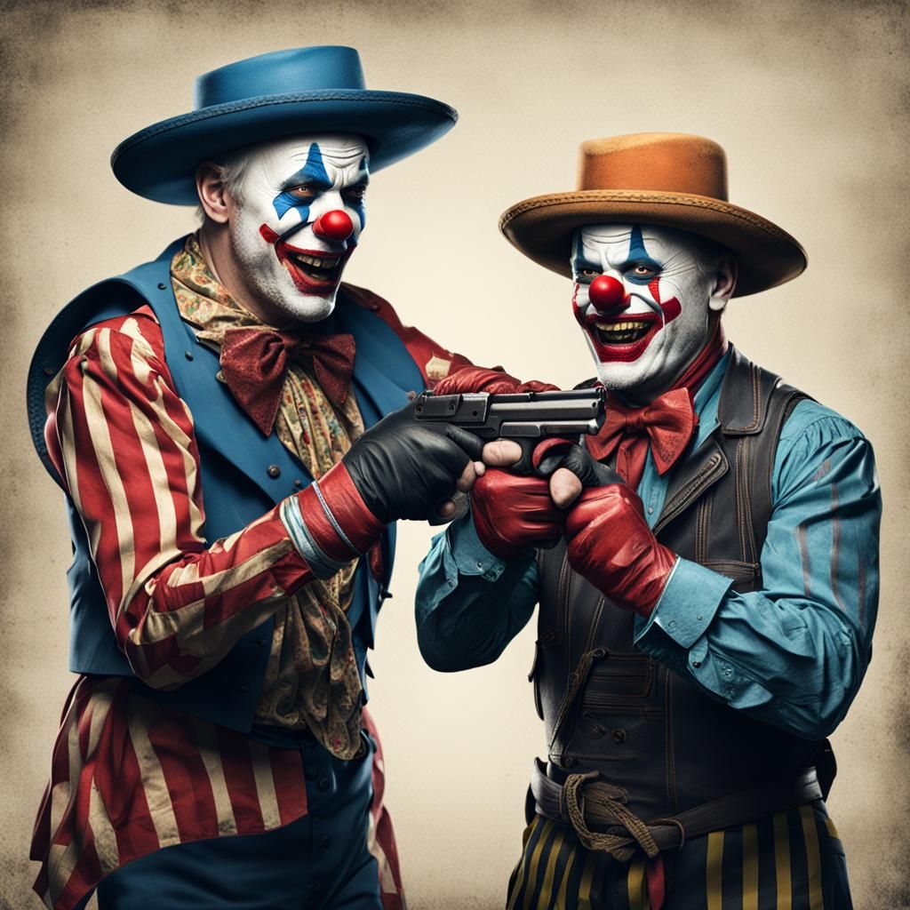 Two Western male clowns wrestle over one handgun. - AI Generated ...