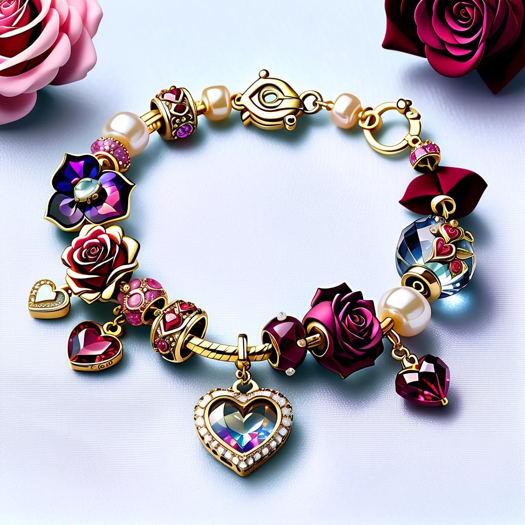 Beautiful Valentine's Hearts & Roses Charm Bracelet - AI Generated ...