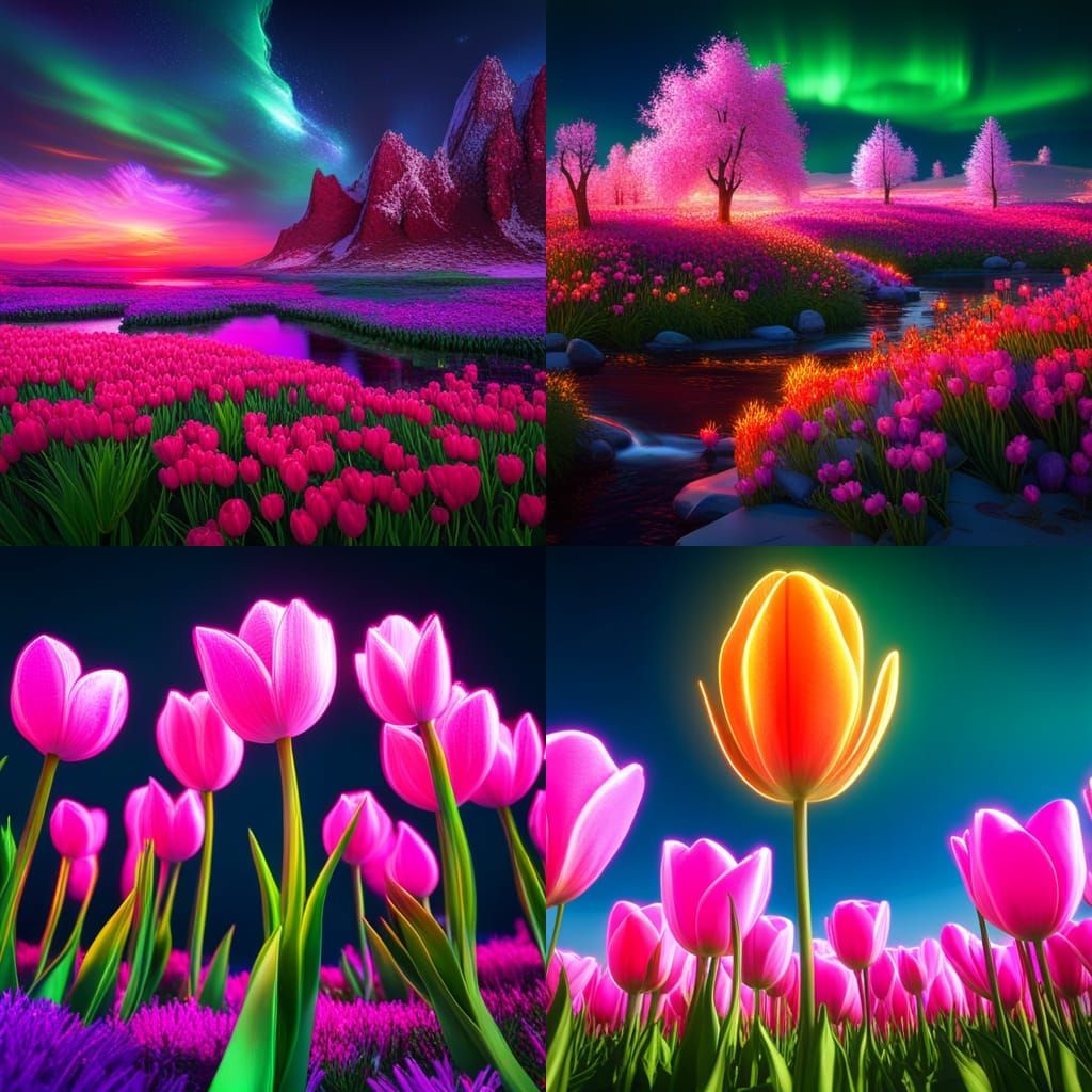 beautiful magnificent detailed neon infrared glowing tulips in 3d , crisp ,unreal engine 5 ,128 ...