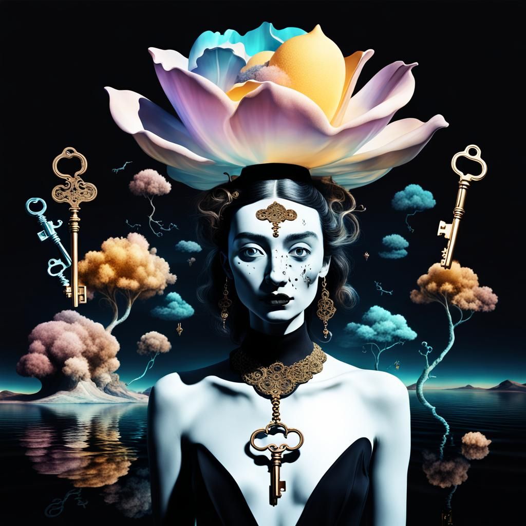 a surreal digital art piece depicting keys floating in a dreamlike ...