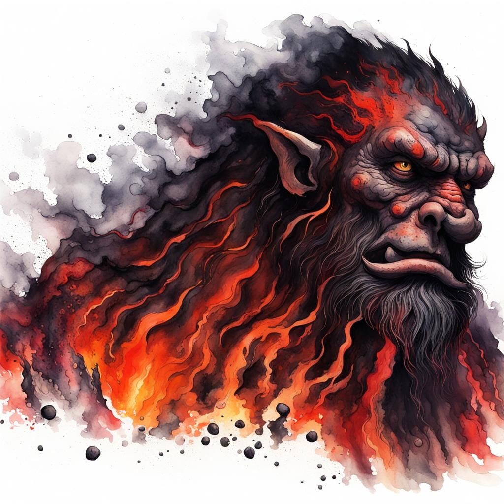 art splash watercolor of a volcanic fire giant, troll, in the style of ...