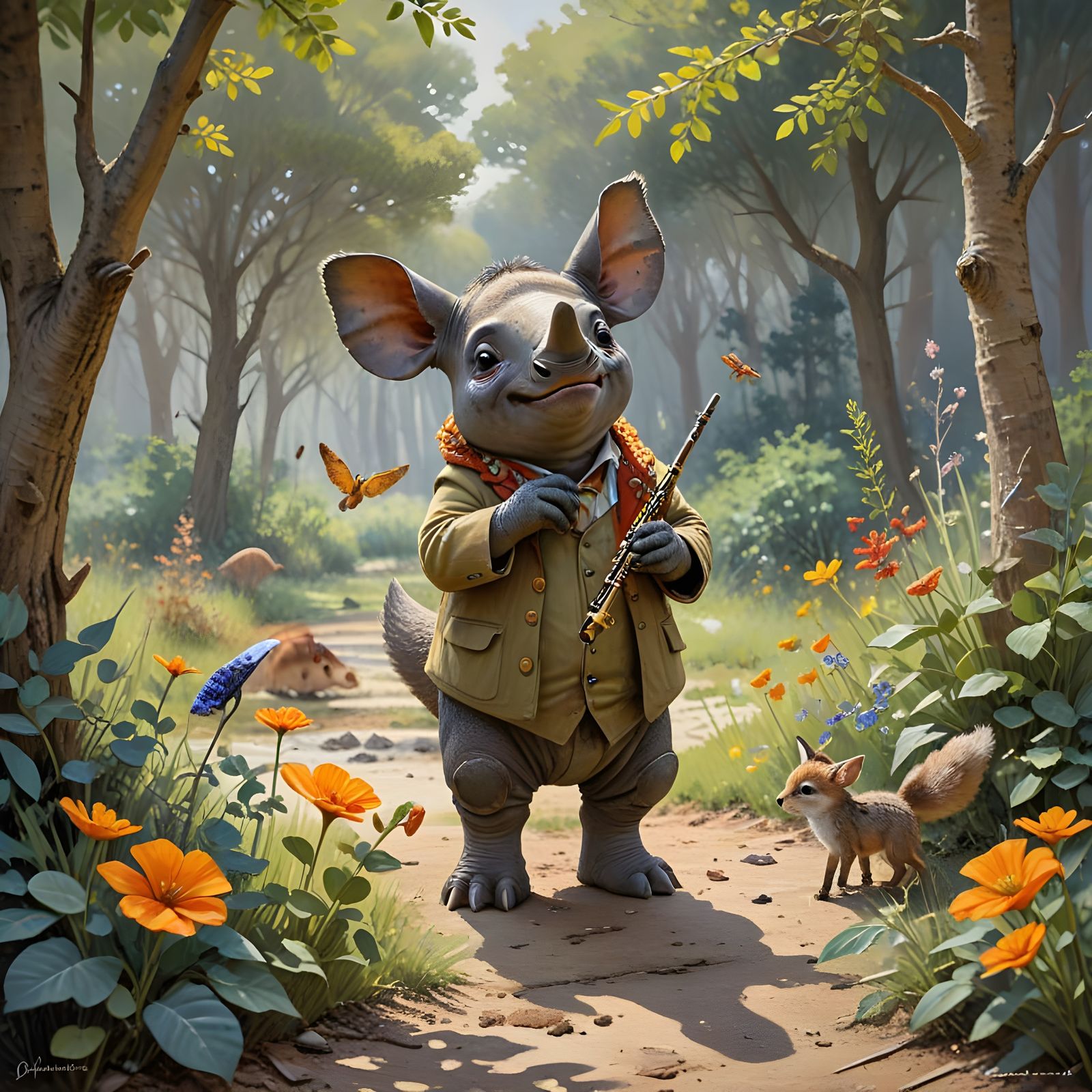 Quaint Baby Rhinoceros Serenade with Friends in Go... - AI Art