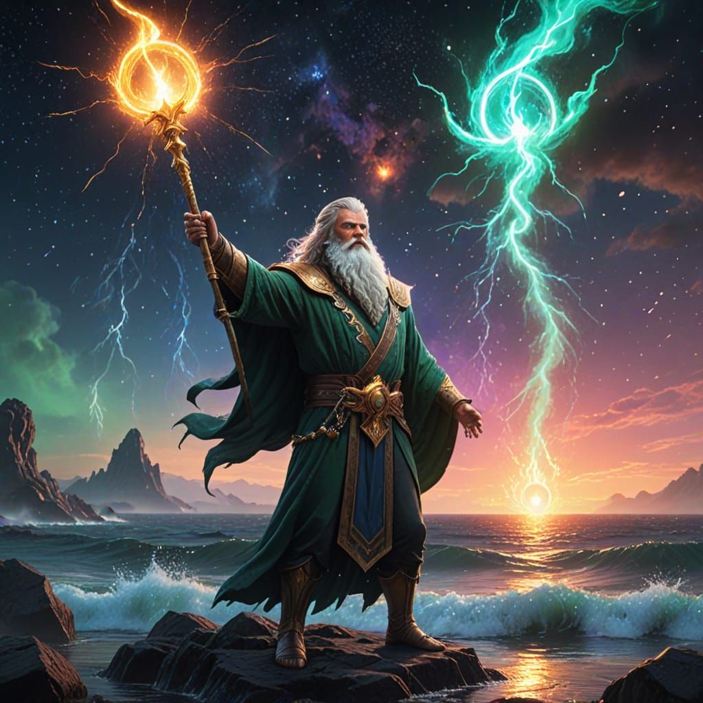 a majestic wizard stands at the sea's edge, wielding a staff