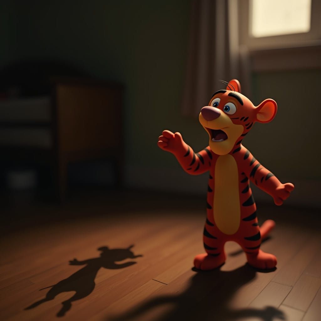 A Frightened Tigger Jumps From His Long, Dark Shad... - AI Art