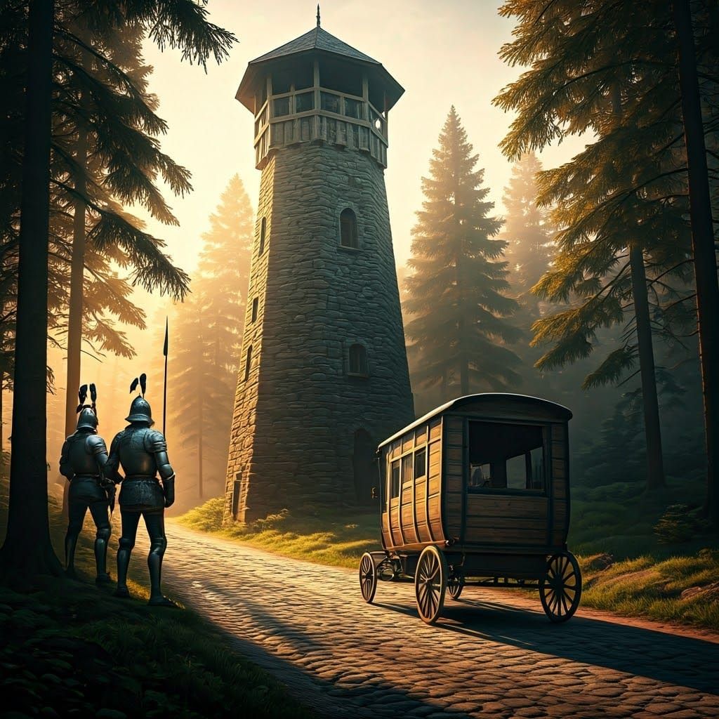Medieval Watchtower in Forest Clearing, Plate Armo... - AI Art