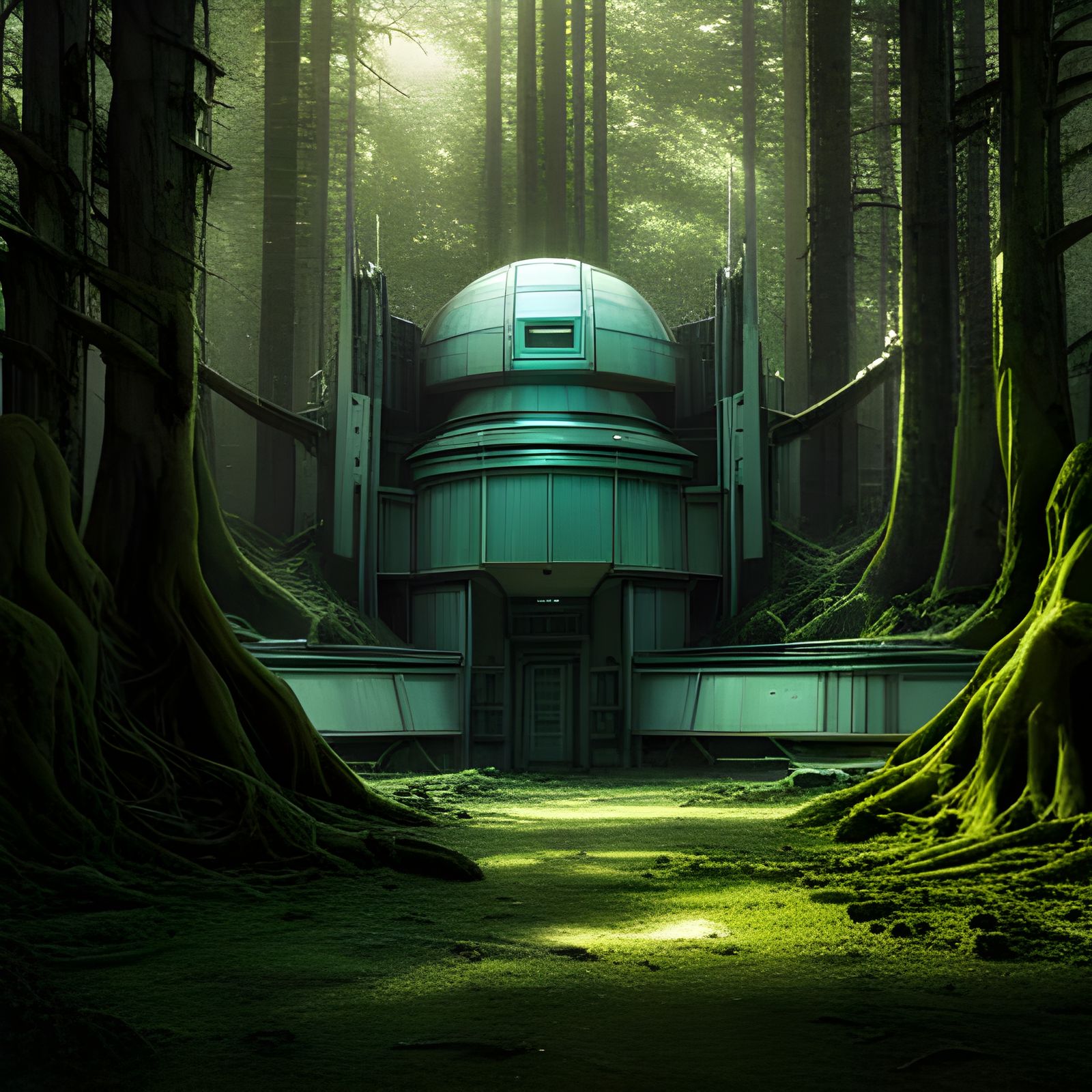 abandoned sci-fi outpost in a forest on an alien planet - AI Generated ...