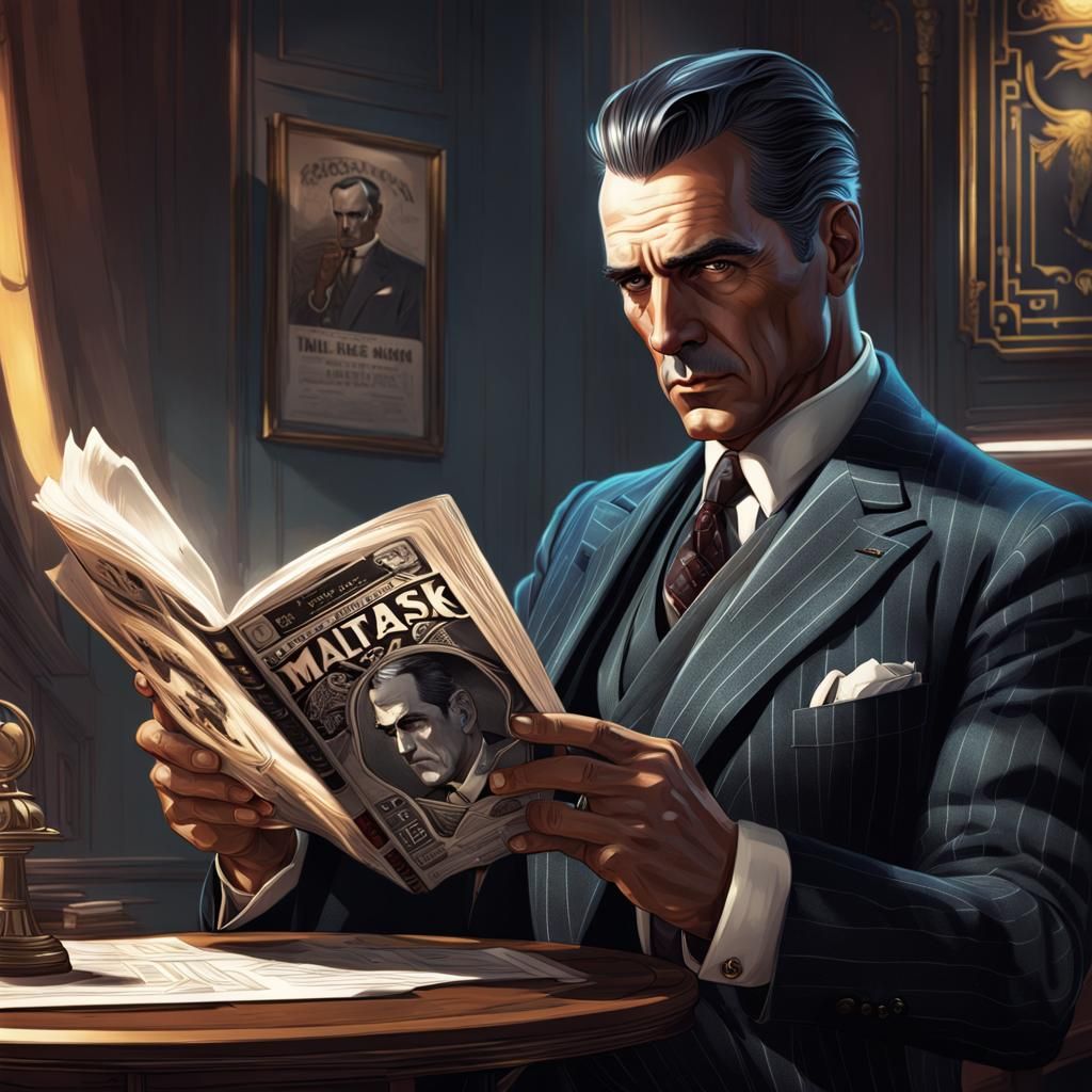 Detective Sam Spade reading a copy of the 1929 the "Black Mask ...