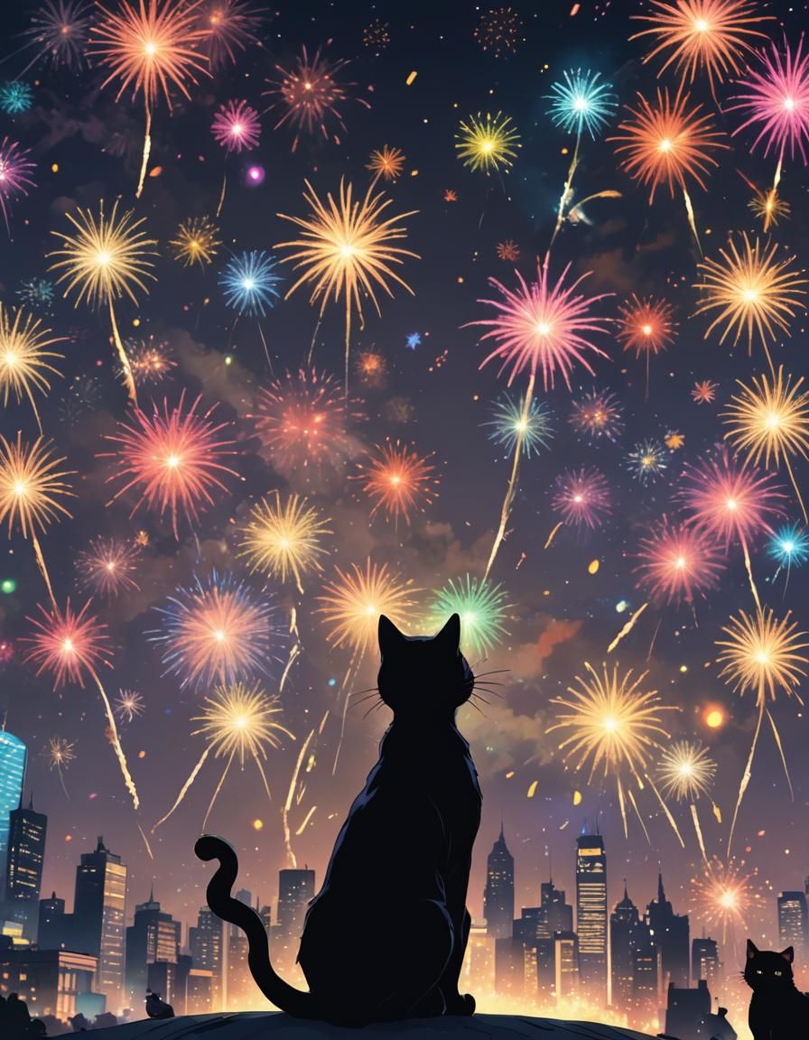 Cat watching fireworks show. - AI Generated Artwork - NightCafe Creator