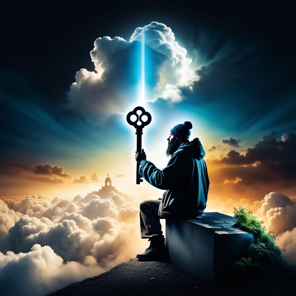 homeless holding a big luminous key ascending to paradise full of white ...