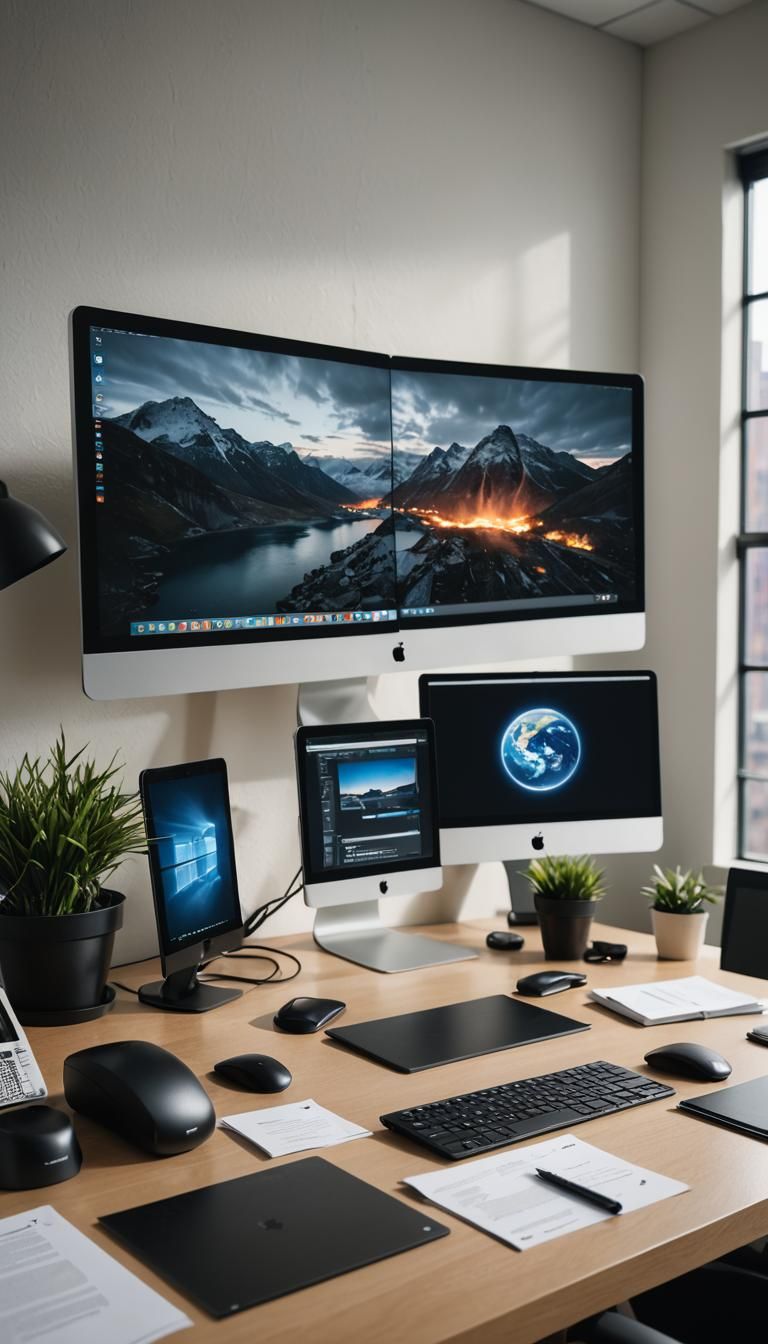 Computer Monitors sitting on a desk in a well-lit office. - AI ...