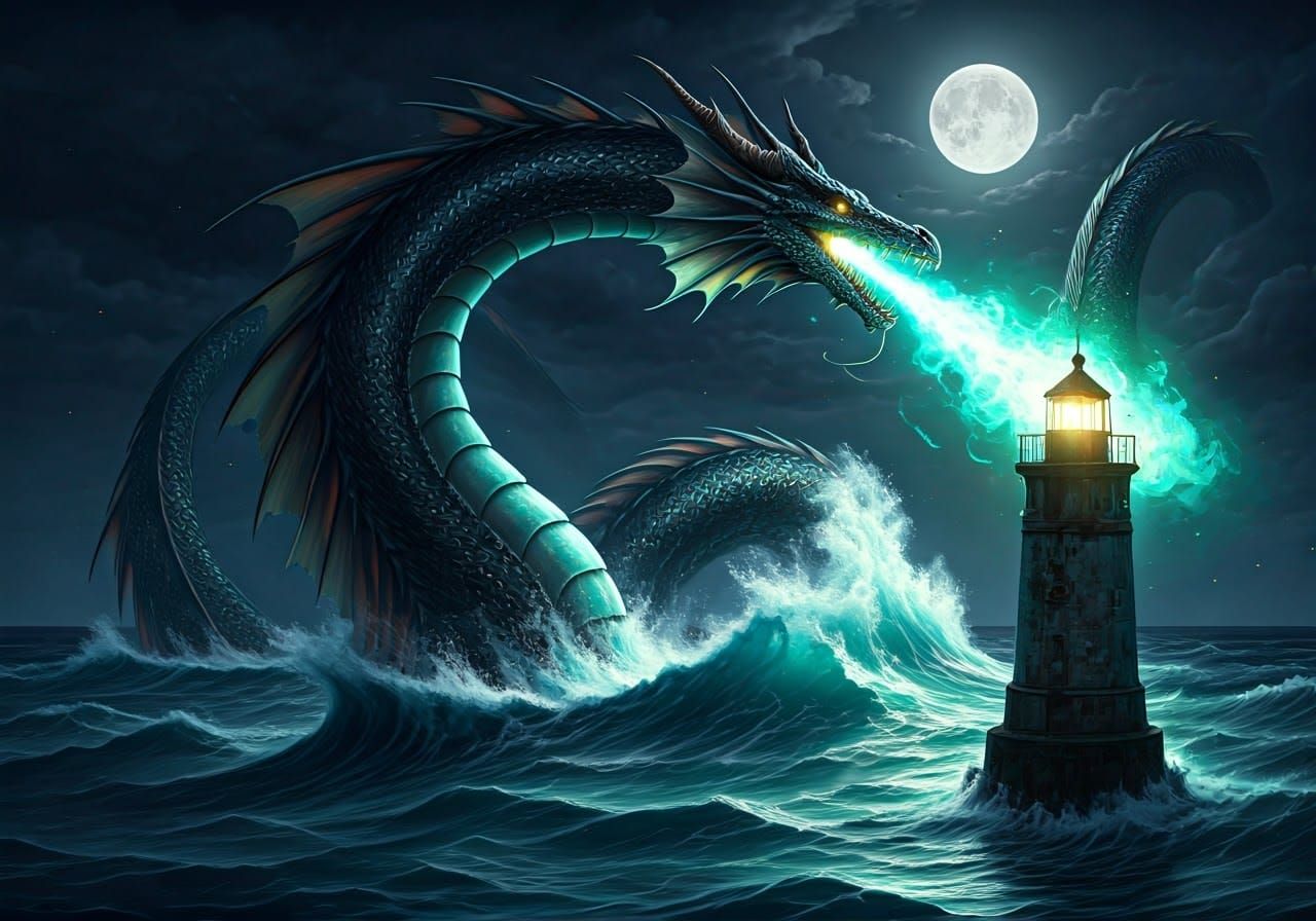 Dark Gothic Aquatic Dragon Breathing Radiant Fire ... - AI Art