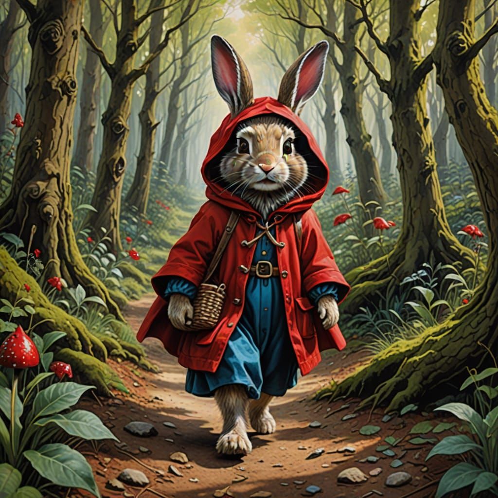 A scruffy bunny dressed as Little Red Riding Hood wandering through an ...
