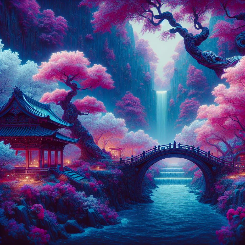 Vaporwave Aesthetic Cherry Blossom trees surrounding a gentle waterfall ...