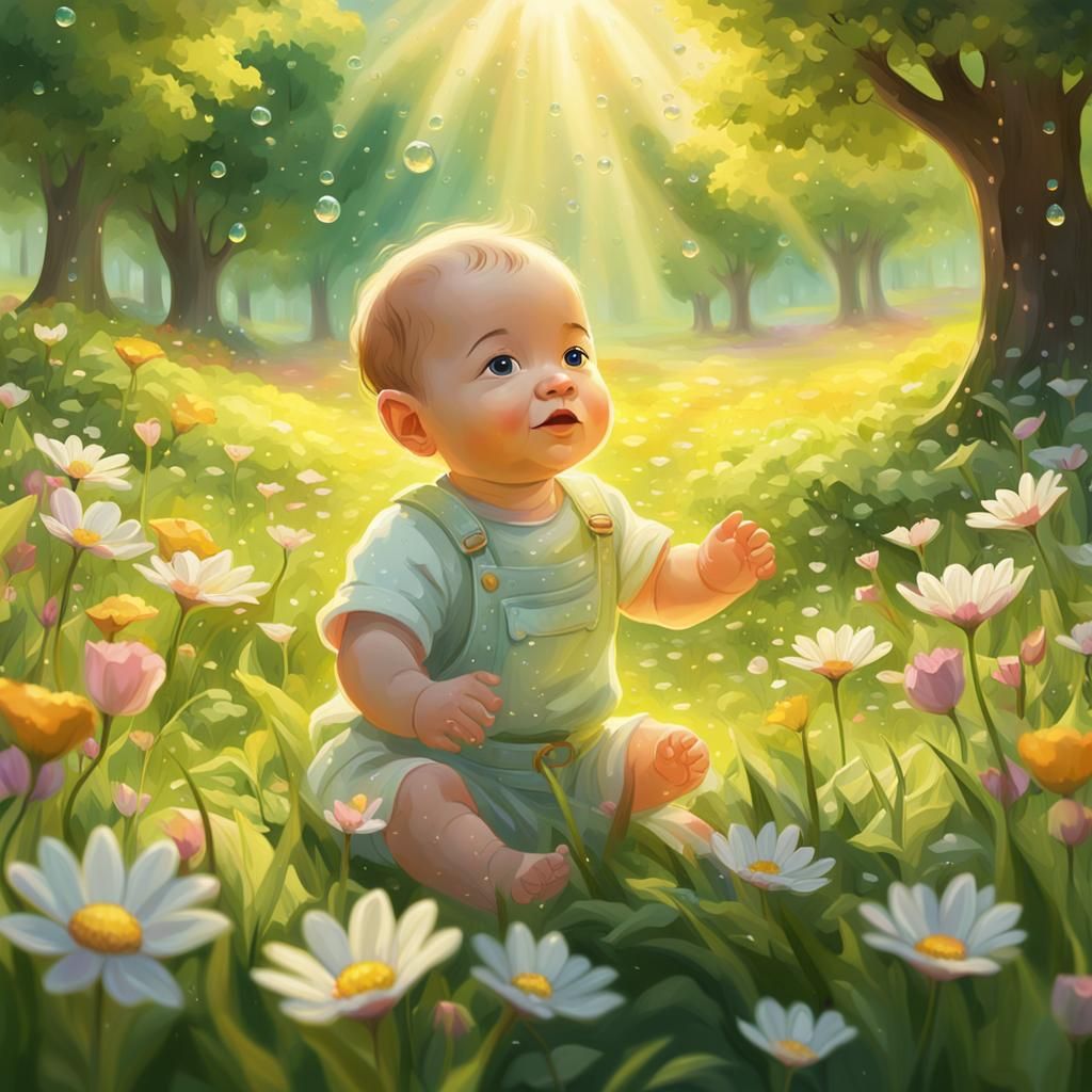Vibrant Spring Scene with a Baby at Play - AI Art