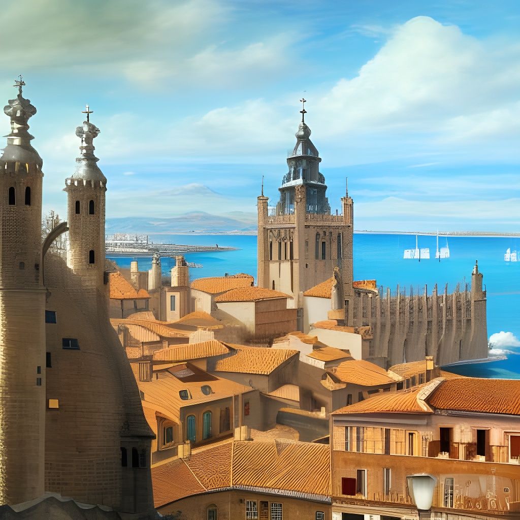beautiful medieval spanish city, view on bay, see and ships, sunny ...