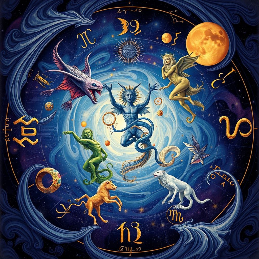 12 zodiac signs. concept art. surrealism.