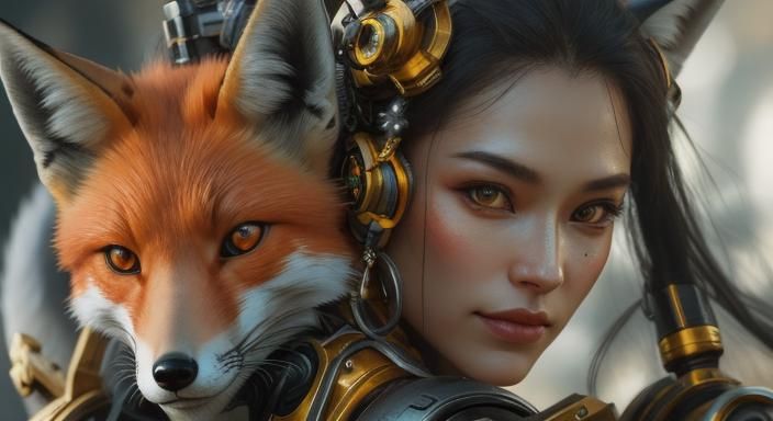 Capture the essence of the cyborg fox goddesses in a close-up portrait ...