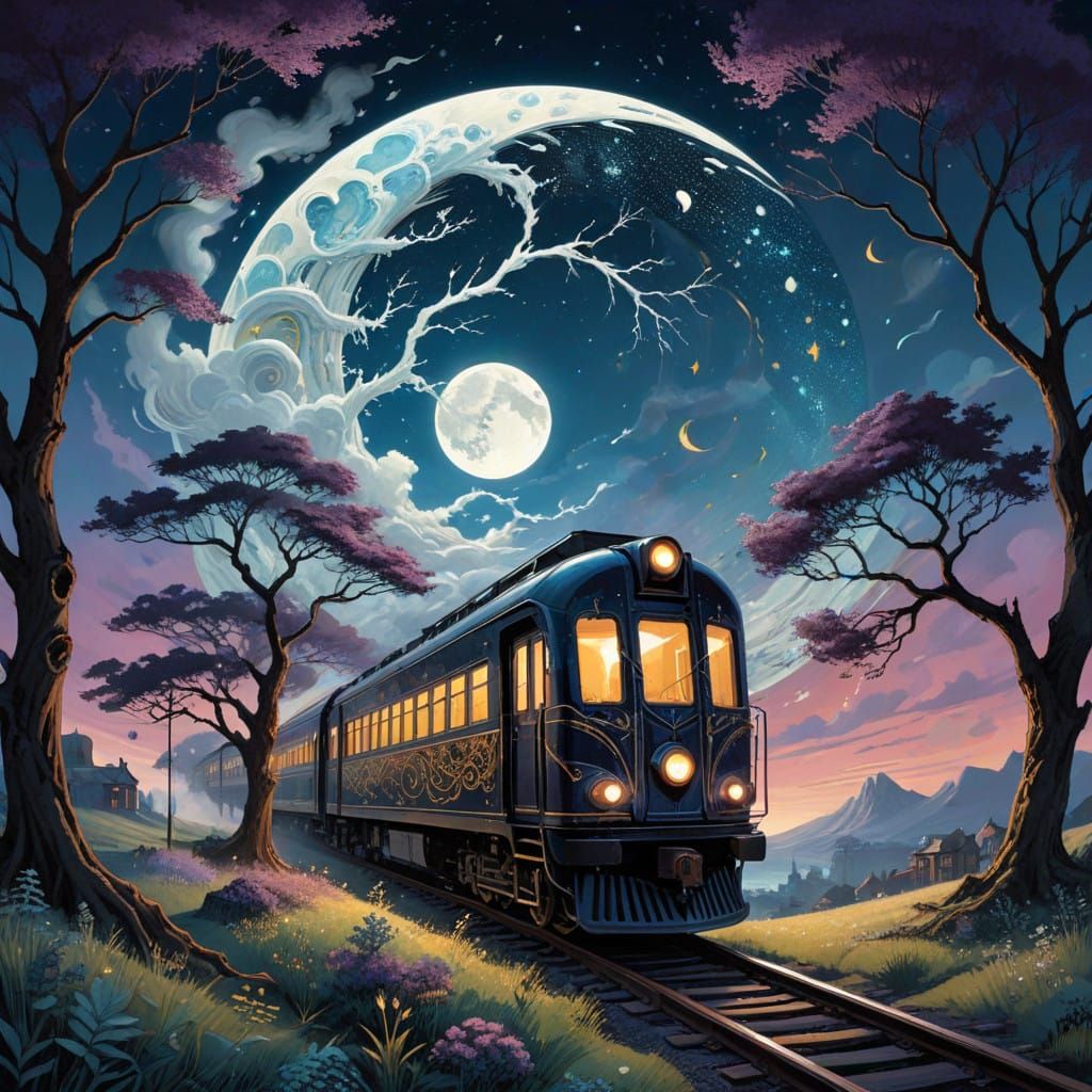 Moonlight train - Glamorous Clockpunk Train Departs into Gl...