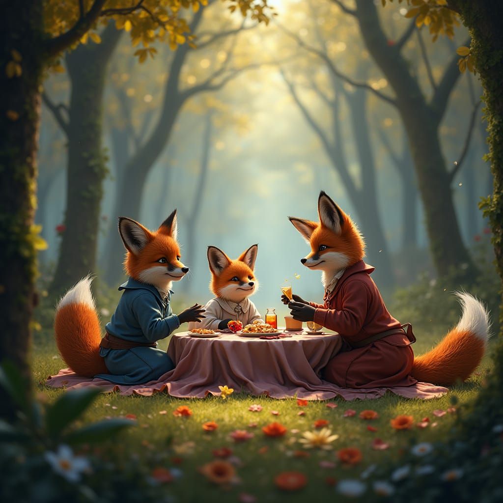 3 Friendly Foxes Eating - Magical Fox Family Picnic in Encha...