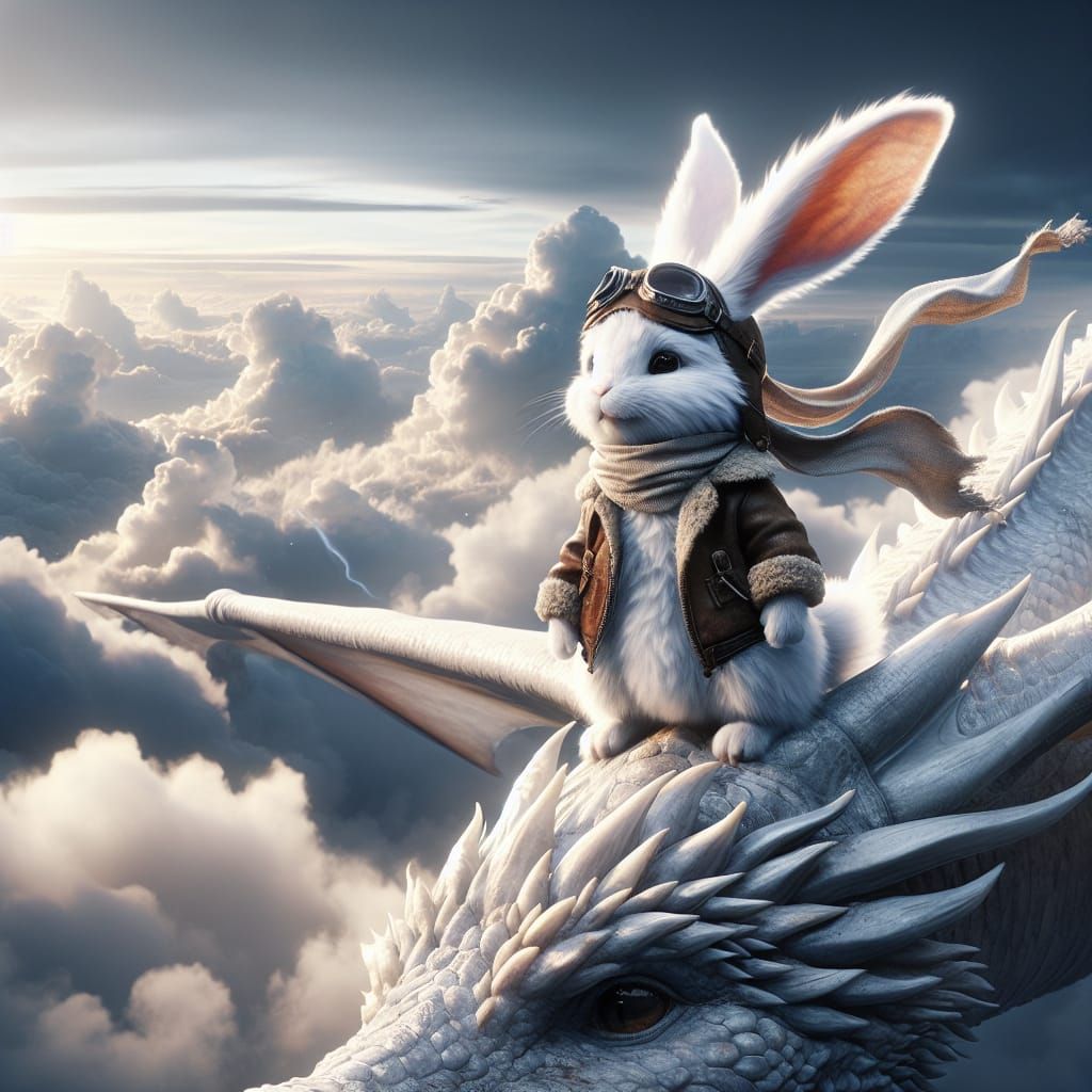 Rabbit Aviator Soars Above Majestic White Dragon - AI Art