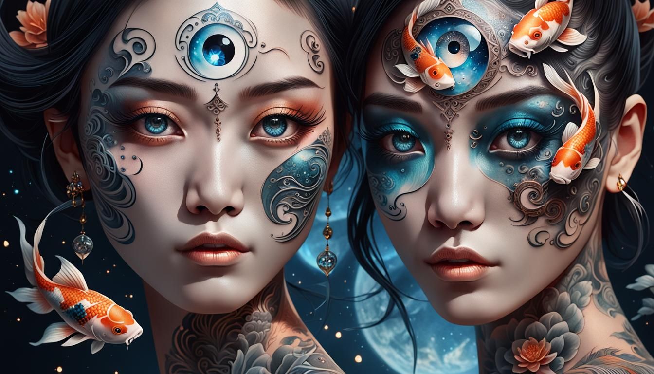 Portrait of Ying and yang symbols depicted in tattoos, with two glass ...