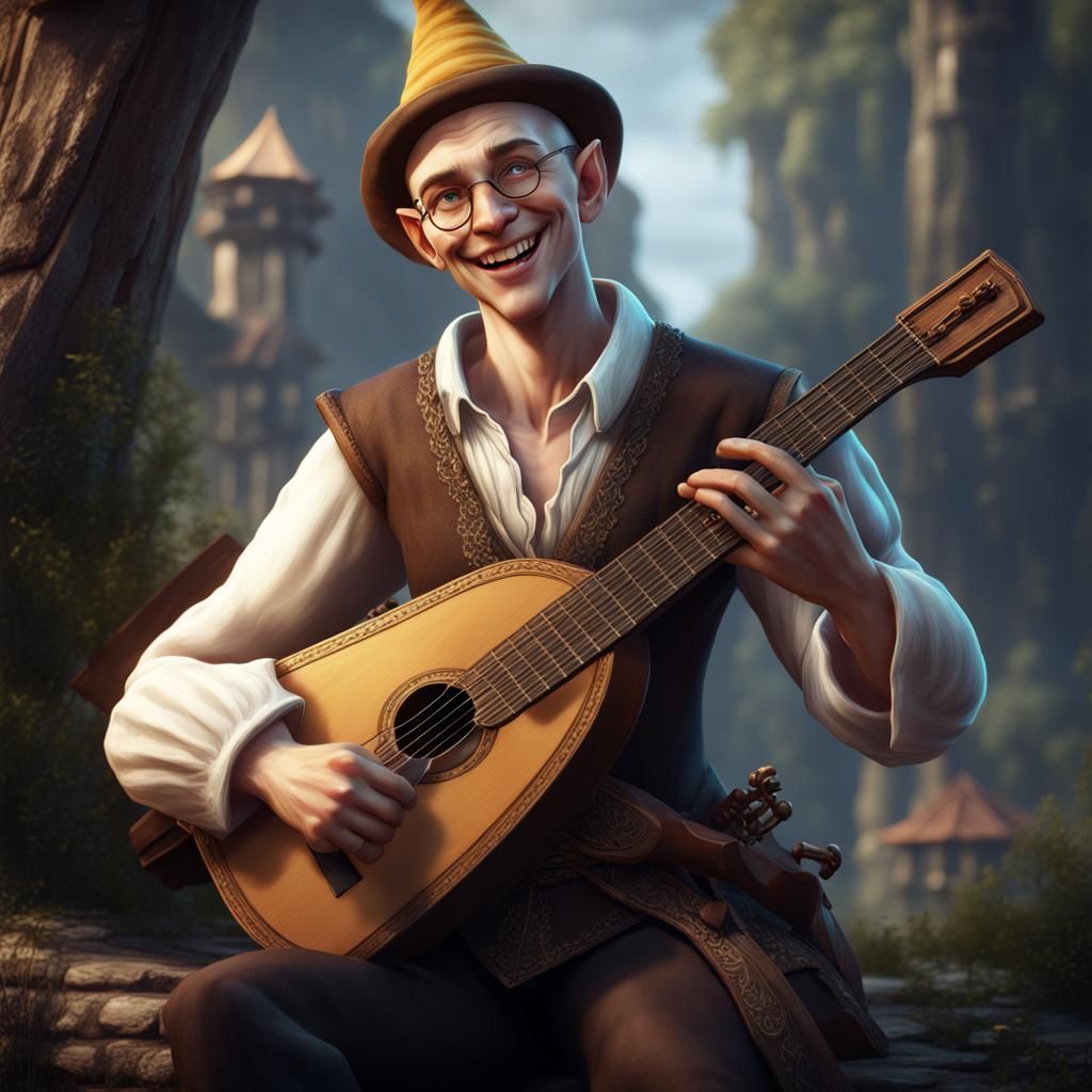 30 years old, bald elf bard with a lute, in a dark brown hat with ...
