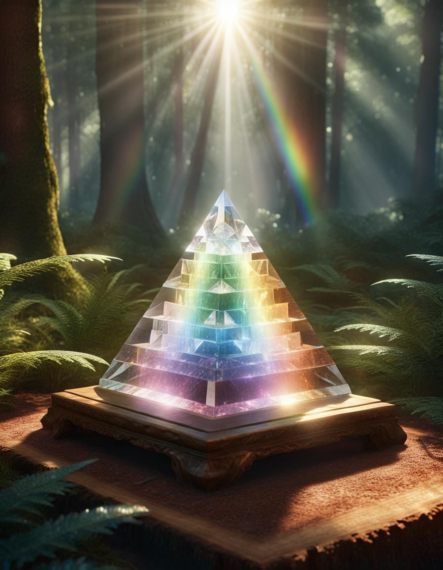 Beautiful crystal pyramid creating rainbows in a sacred grove - AI ...