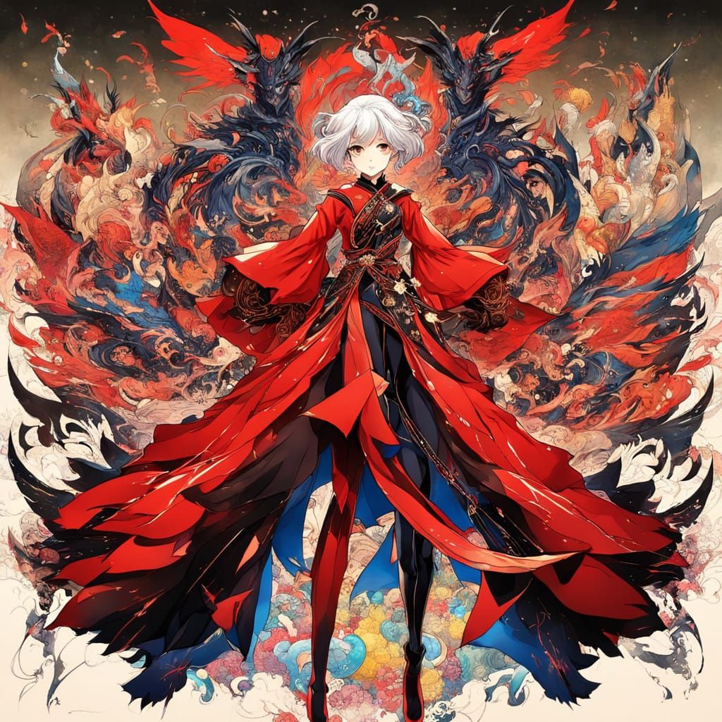 Elegant Lady in Red Anime Style Digital Painting - AI Art