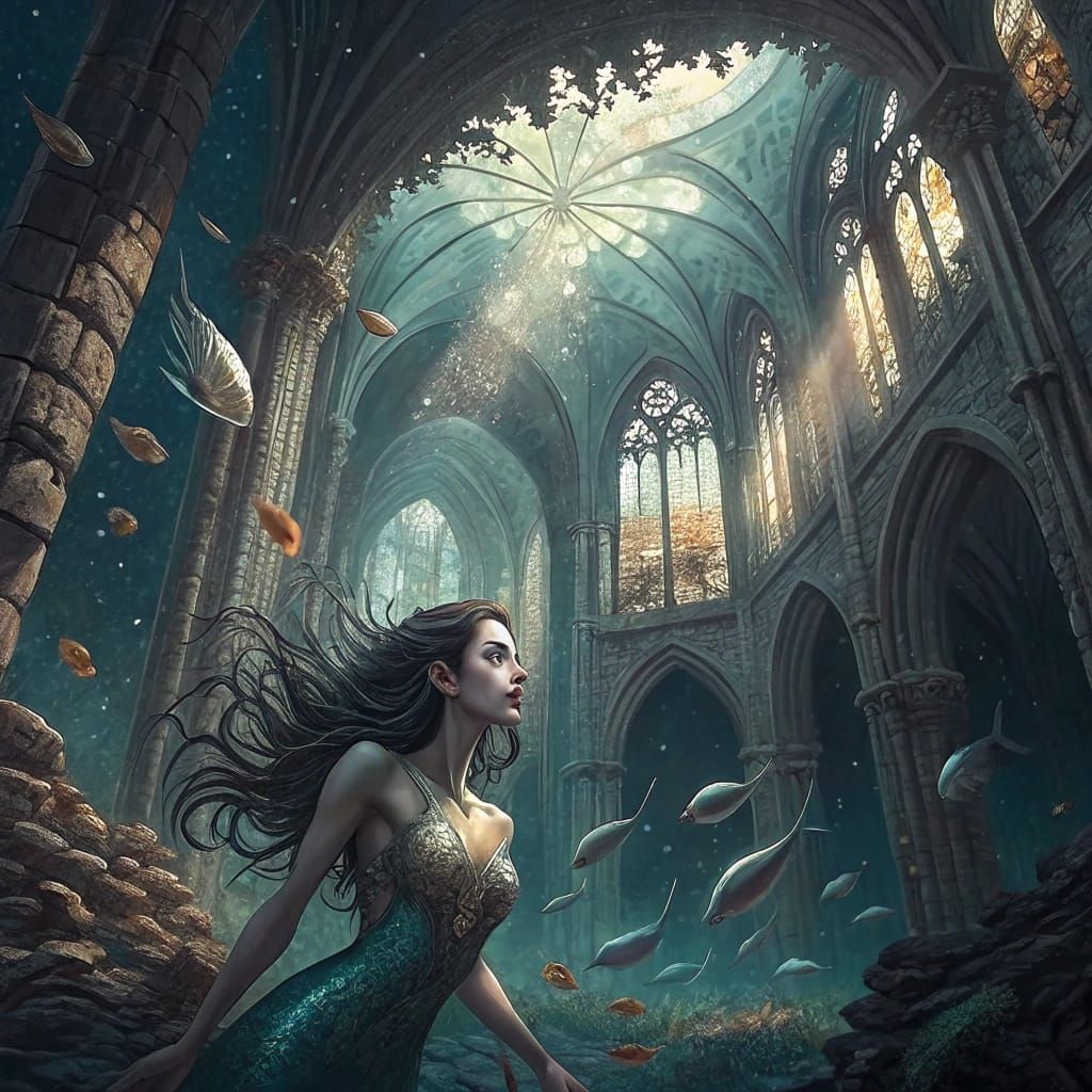 "A breathtaking hyper-realistic underwater tableau inside a sunken ...