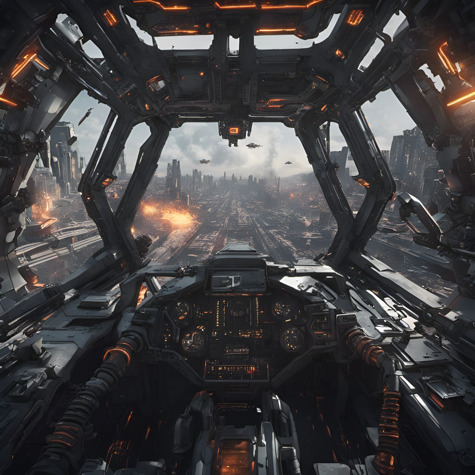 Cockpit view inside a mecha, first person, Pilot wearing helmet. Urban ...