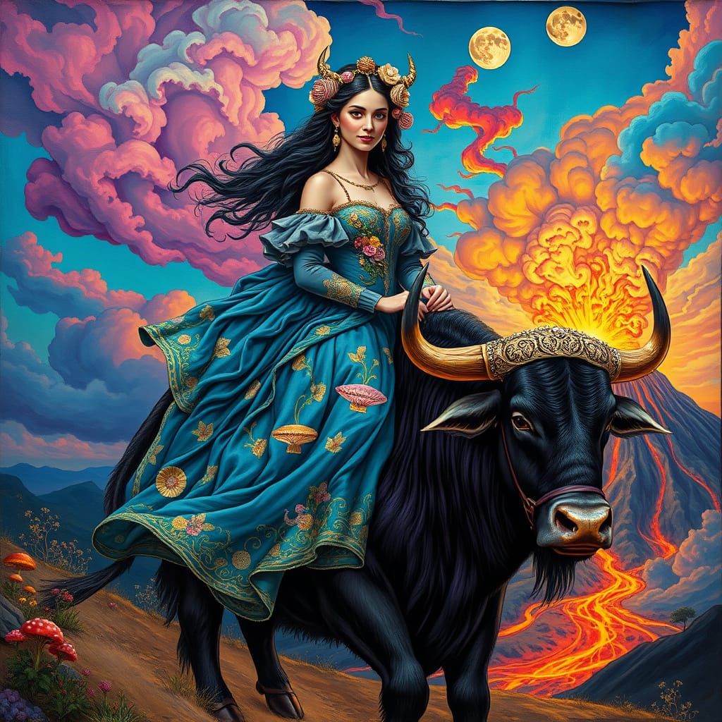 A surreal Durer-style painting of a whimsical woman riding a majestic ...