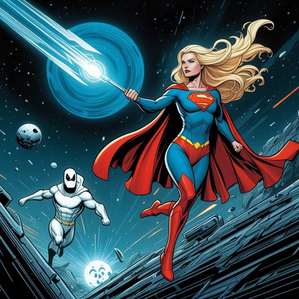 Supergirl chasing a comet through space while A space ghost watches.