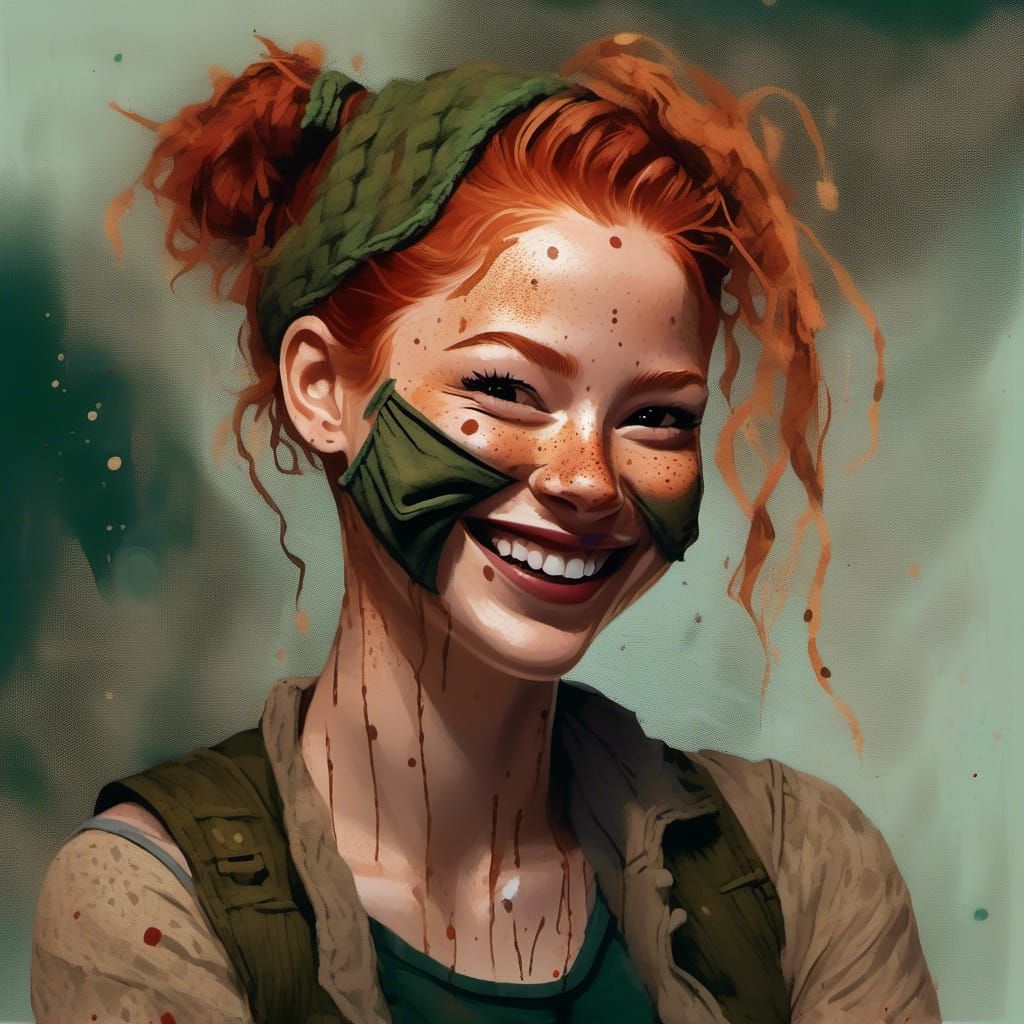 Young woman ginger messy hair in a bun laughing - AI Generated Artwork ...