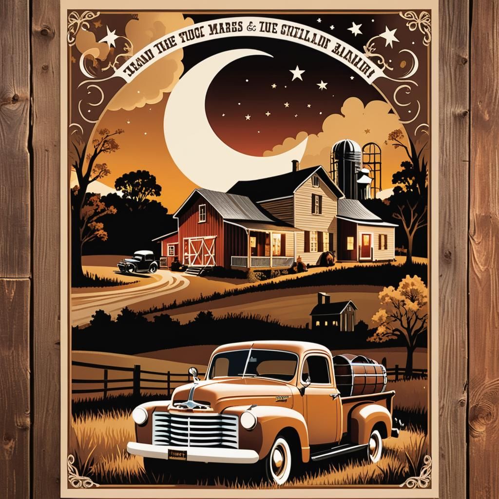 Vintage-style poster with a country music theme. The layout features a ...