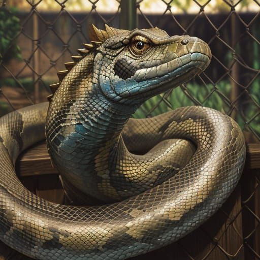 Snake behind a zoo enclosure fence,