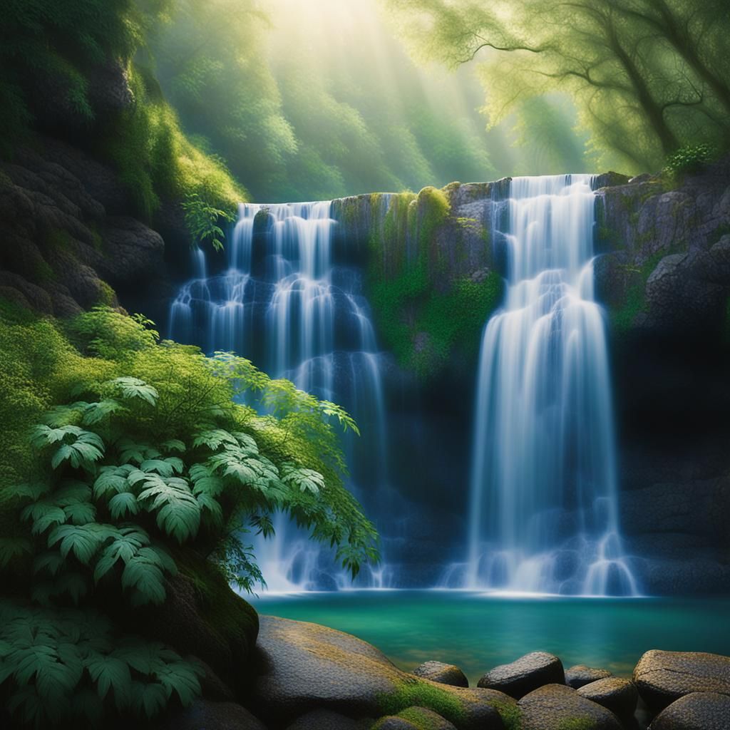 Blue Waterfalls - Surrealist Waterfall Scene in Vibrant Blue...
