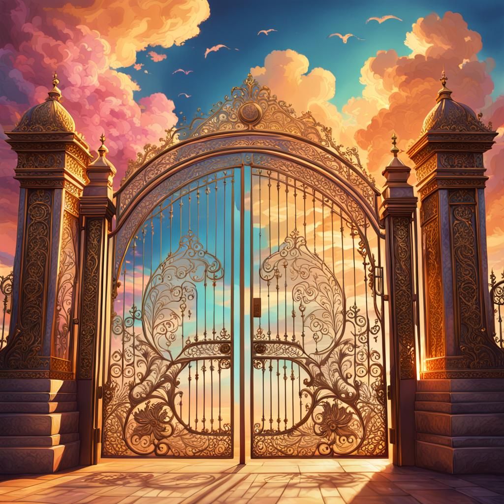 Elegant Fantasy Gate in Vibrant Gradient Sky - AI Art