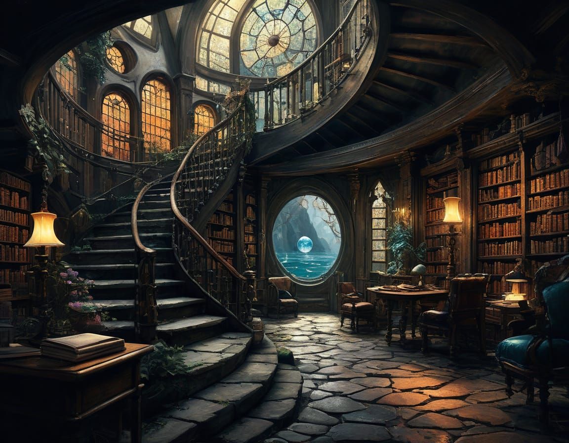Dreamy Wizard's Library with Nautilus Staircase an... - AI Art
